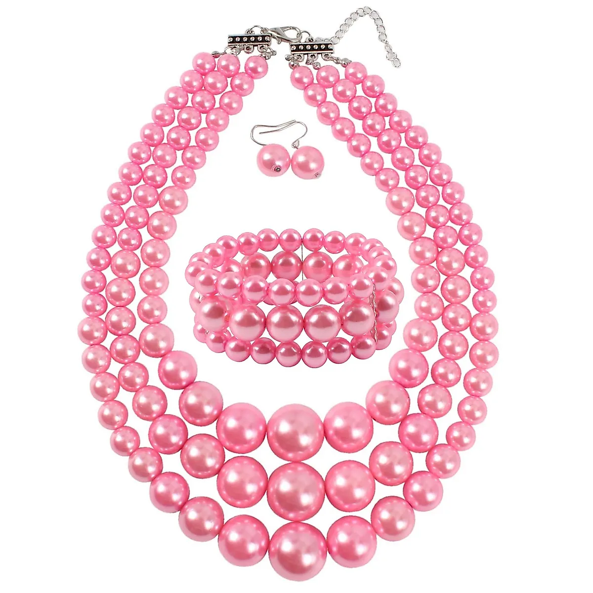 KOSMOS-LI Large Pearl Jewelry Set 3 Layer Simulated Pink Pearl Women's Statement 18" Necklace Bracelet and Earrings