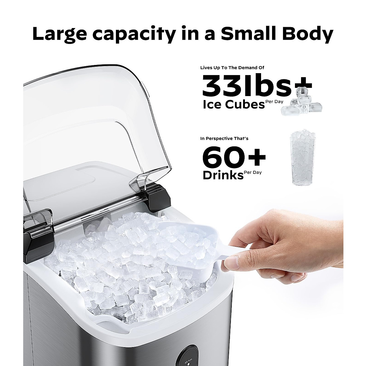 Nugget Ice Maker Countertop, Silonn Chewable Pellet Ice Machine with Self-Cleanin Function, 33lbs/24H Portable Ice Makers for Home Kitchen Officce, Stainless Steel