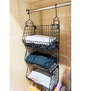QNLALZM 3 Tier Hanging Foldable Wire Baskets Closet Organizer Clothes Shelves Countertop Caddy Bin Wall Mount Shelf Wire Storage Basket Bins for Clothing Handbags Snacks Drinks Fruits