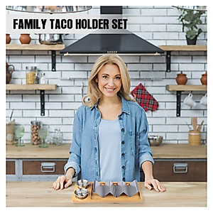 Stainless Steel Taco Stand Holder With Bamboo Tray - Set of 2 - Taco Tuesday With Four Sauce Holders and Four Spoons - Holds Up to 4-6 tacos - Stainless Steel Racks With Handles Oven & Grill Safe