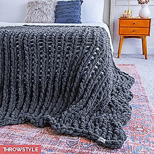 ThrowStyle Chunky Knitted Blanket - Soft Chenille Blanket Tight Knit Heavy Weighted - Large Full Size 50 x 60 Inch, Dark Grey