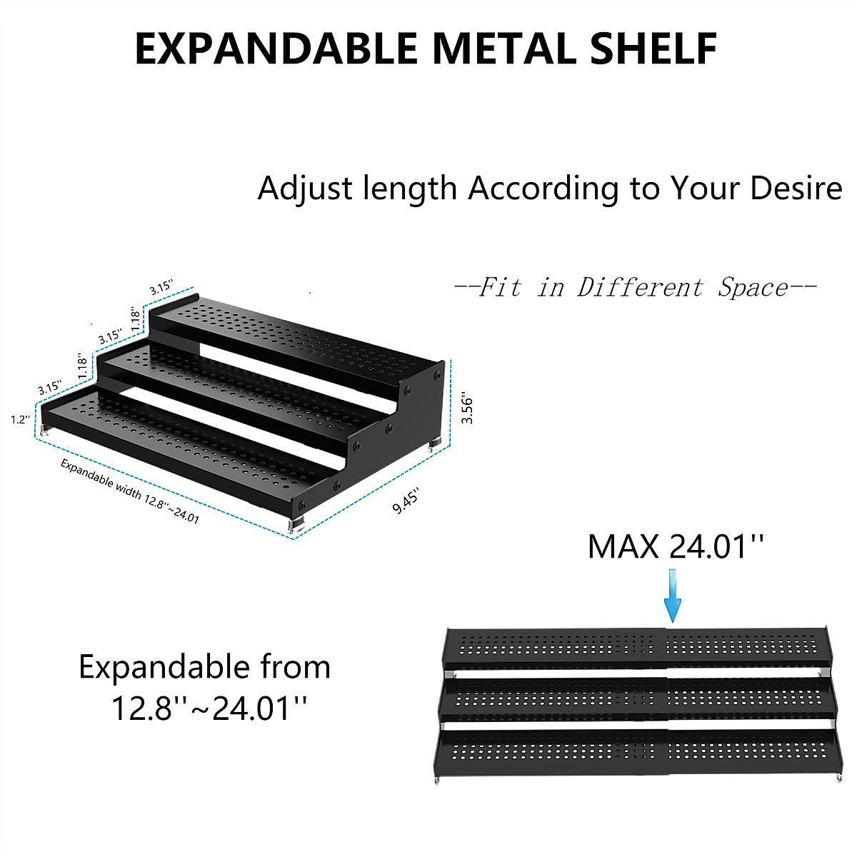 Wobmmi Expandable Spice Rack organizer with 3-Tier step shelf,Modern Design heavy duty,Non Skid and Visibility,Great for Kitchen Cabinet, Pantry and more(1PACK/BLACK)