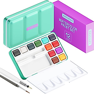 ARTISTRO Watercolor Paint Set 12 Colors, Travel Watercolor Set in Portable Box, Water Color Paint Sets for Kids, Mini Water Colors Paint Adult Set for Artists, Beginners, Amateur Hobbyists