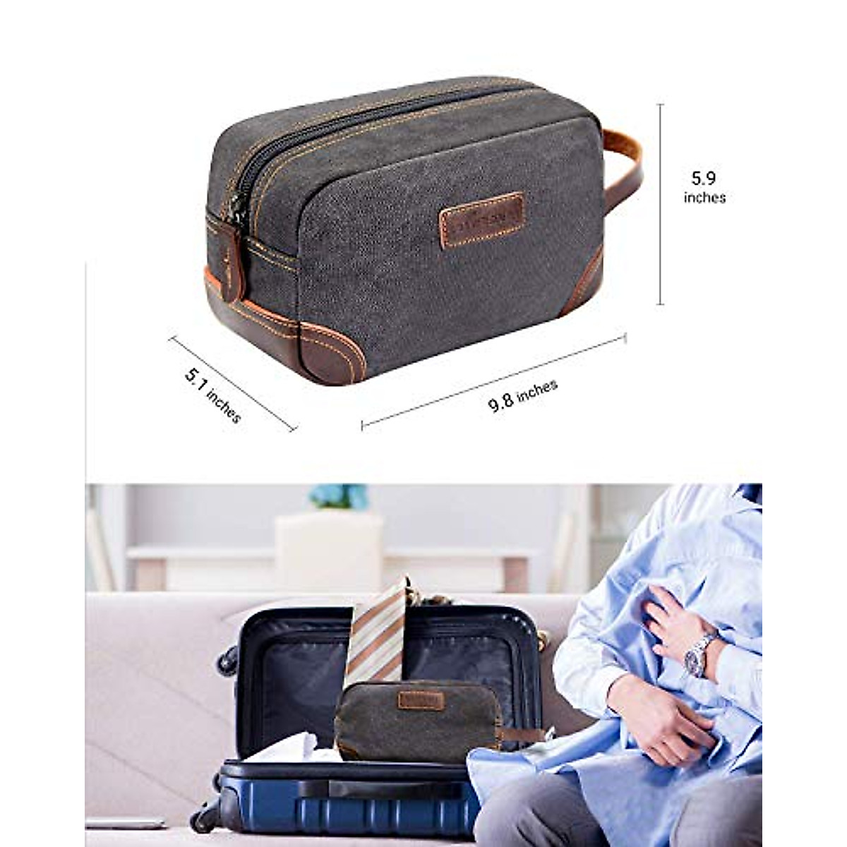 emissary Travel Toiletry Bag for Men, Leather and Canvas Toiletry Bags, Dopp Kit for Men, Travel Bathroom Bag Men's Shaving Kit, Travel Kit Small Bag for Men, Shaving Bag for Travel Accessories (Gray)