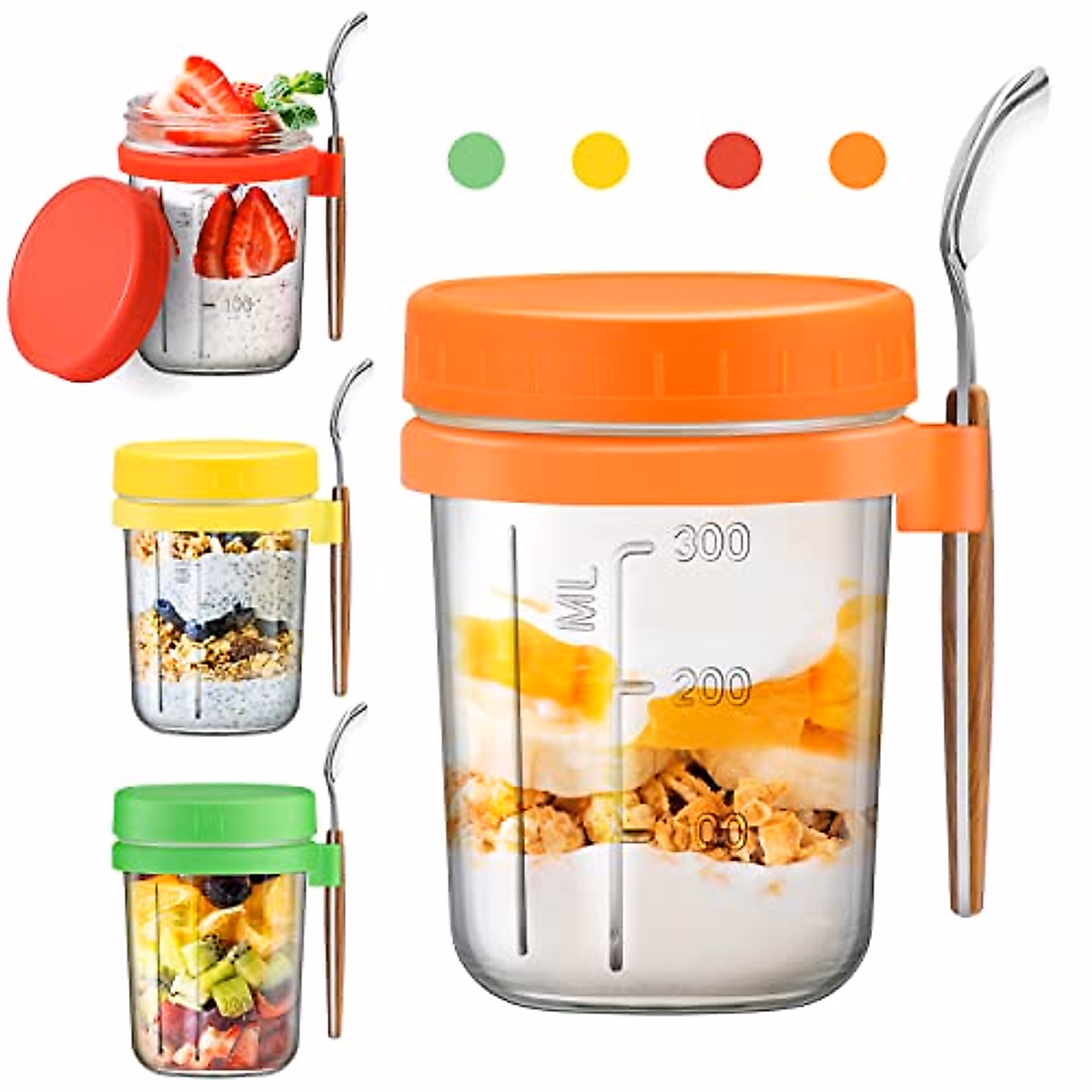 Tekuve 4 Pack Glass Overnight Oats Containers with Lids and Spoon, 16 oz Mason Jars with Airtight Lid for Overnight Oats Meal Prep Chia Yogurt Salad Fruit