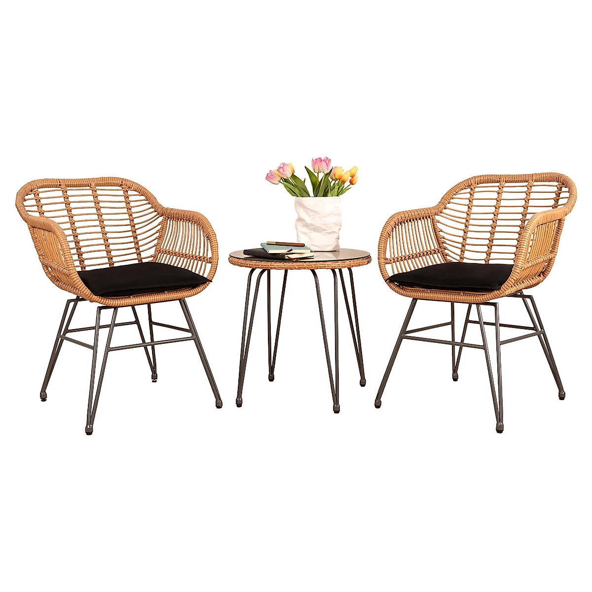 Tappio 3 Piece Outdoor Wicker Furniture Patio Bistro Set, Balcony Furniture Rattan Conversation Sets, Outdoor Patio Chairs Set for Porch Poolside Garden, Black