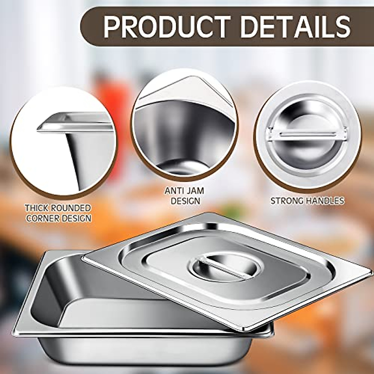 Baderke Stainless Steam Hotel Pans with Lids, 0.7 mm Thick 304 Stainless Steel Hotel Pan Anti Clogging Steam Table Pan for Food Warmer Cooking Heat, Multi Size (4 Pack, 1/2 Half Size x 2.5 Inch Deep)