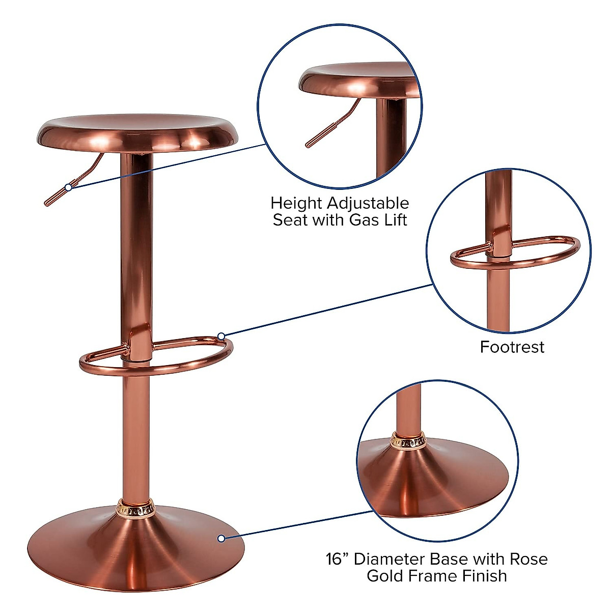 Flash Furniture Madrid Series Adjustable Height Retro Barstool in Rose Gold Finish