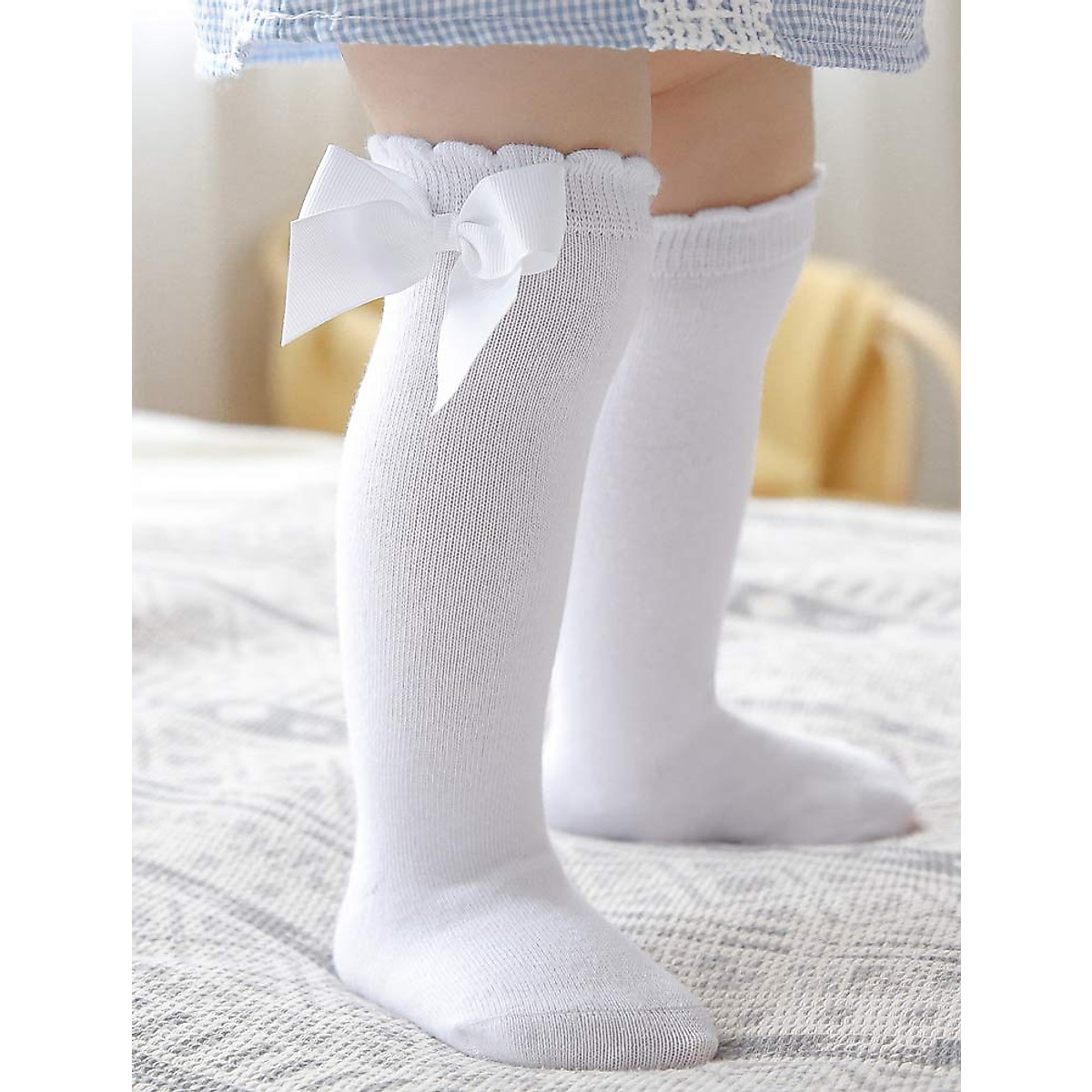 Maorrew 2 Pack Baby Girls Knee High Socks Bow Long Stockings Infants Toddlers Cotton Ruffled Uniform Leggings White 2 Pack 3-5T