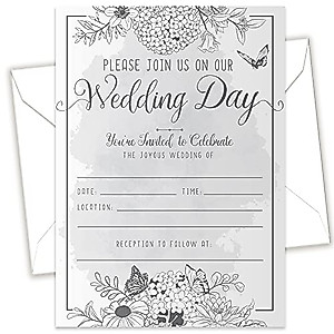 Wedding Invitation Kit with Envelopes - Wedding Drawing Florals Themed Invitations & Envelopes Minimalist Blank Wedding Invitations, Invitation Wedding Kit Set of 25 Beautiful Invitations