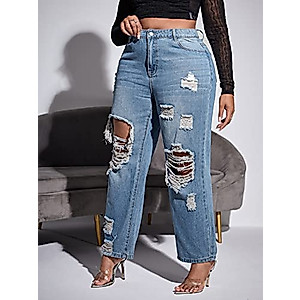 WDIRARA Women's Plus Size Ripped High Waist Cut Out Straight Leg Jeans Denim Pants Light Wash 2XL