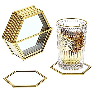 JuxYes Set of 7 Glass Coasters with Holder, Gold Elegant Cup Coasters Set for Coffee Tea Wine, Square Brass Edge Glass Cups Mats Coasters for Coffee Table (Hexagon)