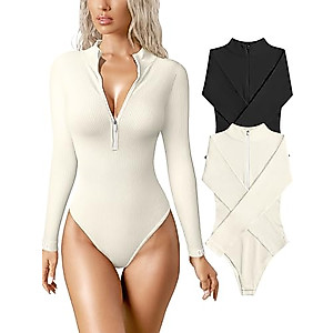 OQQ Women's 2 Piece Bodysuits Sexy Ribbed One Piece Zip Front Long Sleeve Tops Bodysuits Black Beige