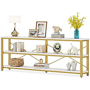 LITTLE TREE 70'' Narrow Long Sofa Console Table with 3-Tier Storage Shelf for Living Room, Faux Marble White & Gold