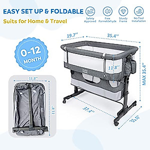 3 in 1 Baby Bassinet, Upgraded Beside Crib with 360° Highly Visible Mesh wall, Comfy Co-sleeper Bassinet with mattress, 5 Level Adjustable Height, Foldable & Portable BabyTravel Crib for Newborn, Grey