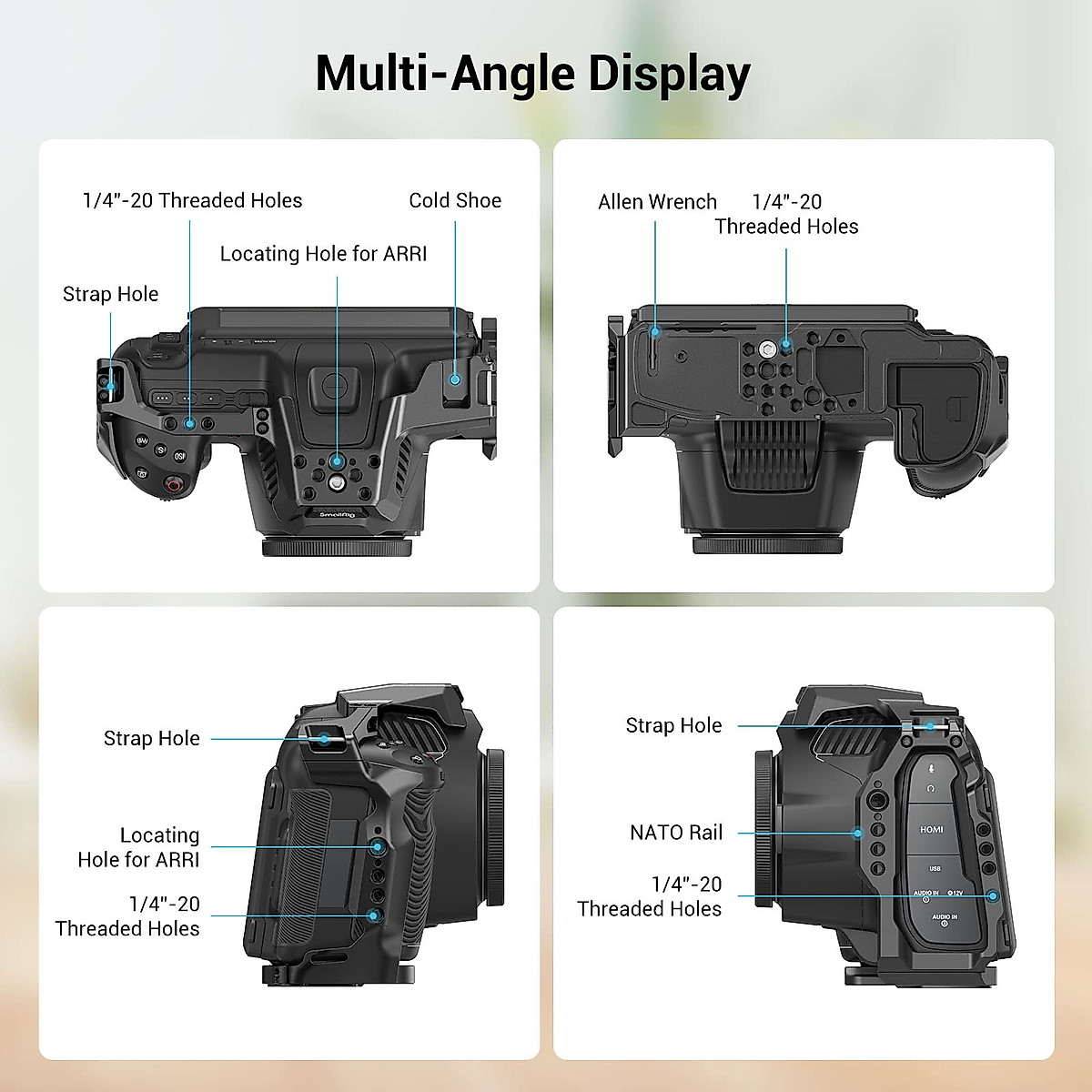 SmallRig Full Cage for BMPCC 6K Pro / 6K G2, for Blackmagic Pocket Camera Battery Grip, Comes with Built-in Removable Pogo Pin Connector, Locating Holes for ARRI and NATO Rail - 3517