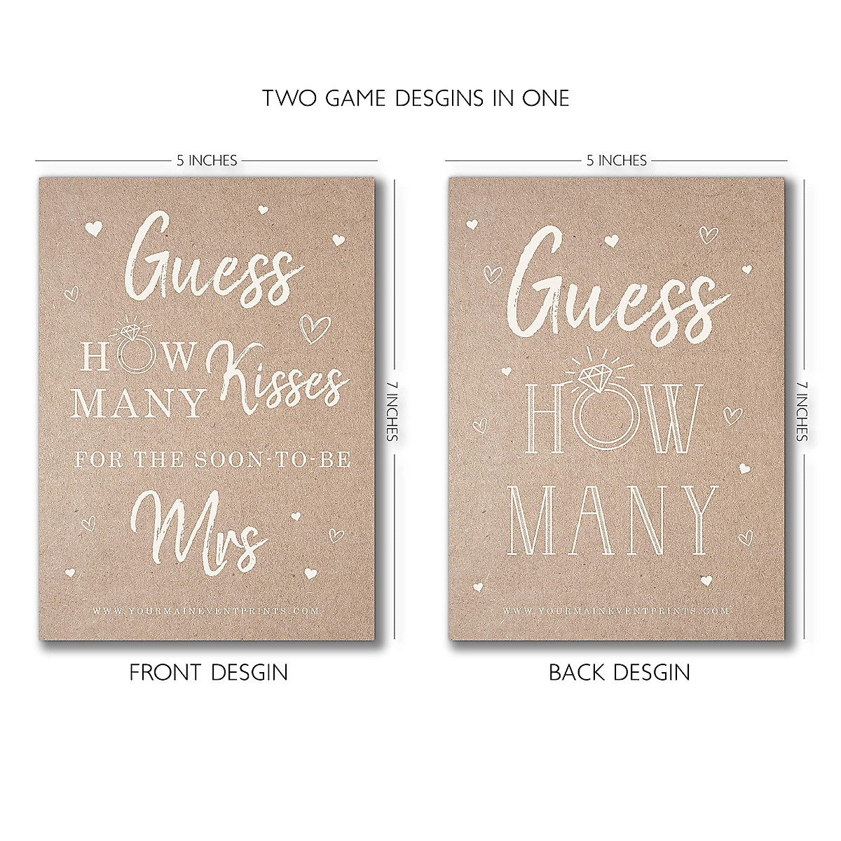 Your Main Event Prints Bridal Shower Games – Kraft Minimalist Style (How Many Kisses Game), Includes 1 5x7 Stand and 50 Guessing Cards