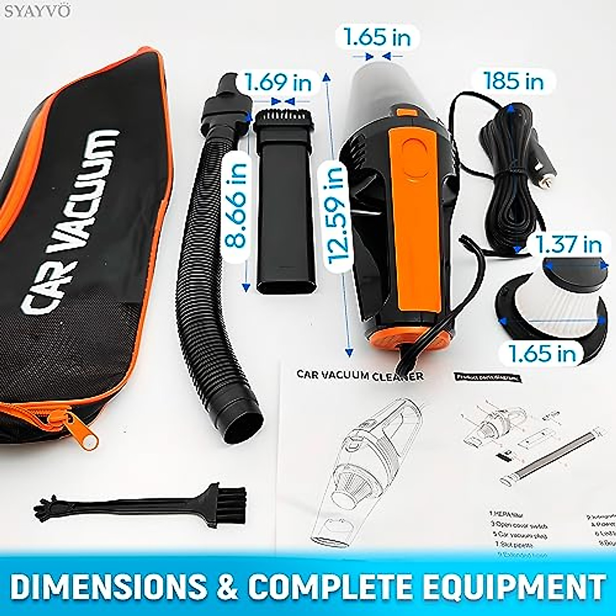 Portable Car Vacuum Cleaner High Power - 8000PA/100W/DC12V, 16.4Ft Cordless Handheld Vacuum with LED Light - Car Detailing Kit Interior Cleaner Wet Dry Vacuum Cleaner Cordless Men Car Accessories