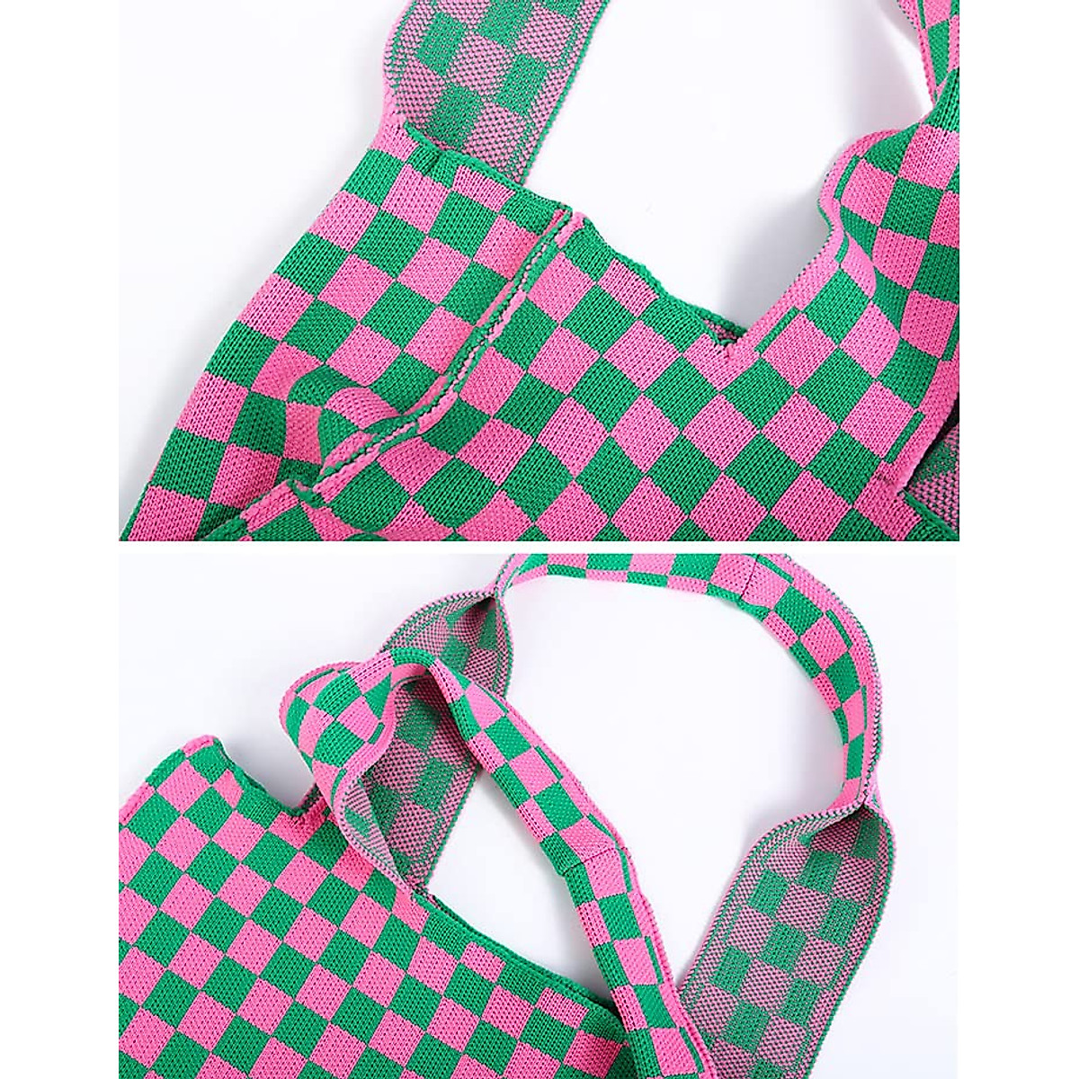 Knit Shoulder Bag for Women Extra Large Plaid Hobo Bag Chic Checkboard Satchel Tote Bag for Work School 2022, Black/Navy