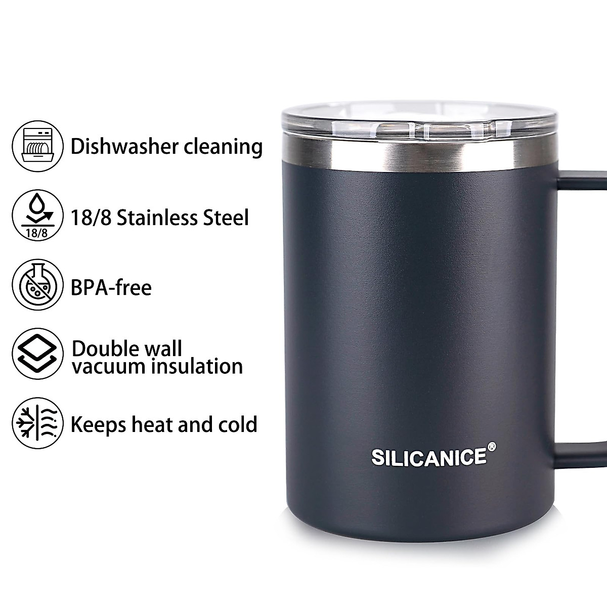 SILICANICE 14 oz Stainless Steel Vacuum Insulated Tumbler with handle & MacSlider Lid, Dishwasher Safe & Spill Proof Coffee Cup, Travel Mug for Hot/Cold Drinks, Durable Design - Gray