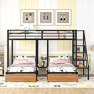 ATY L-Shaped Triple Bunk Beds with 2 Drawers, Full Over Twin & Twin Bunkbeds w/Storage Staircase, Metal Bedframe for 3 People, Save Space, Bedroom & Dorm Supplies, No Spring Required Needed, Black