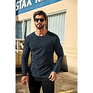 COOFANDY Mens Fitted Long Sleeve Shirt Knit Crew Neck Hispter Fashion Workout T Shirt Navy Blue