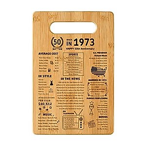 50th Wedding Anniversary Cutting Board Gifts for Women Men Marriage Gifts for Couple 1973 Poster Back In 1973 50th Anniversary Decorations 100% Organic Bamboo Pre Oiled 11"L x 7"W x 0.5"Th