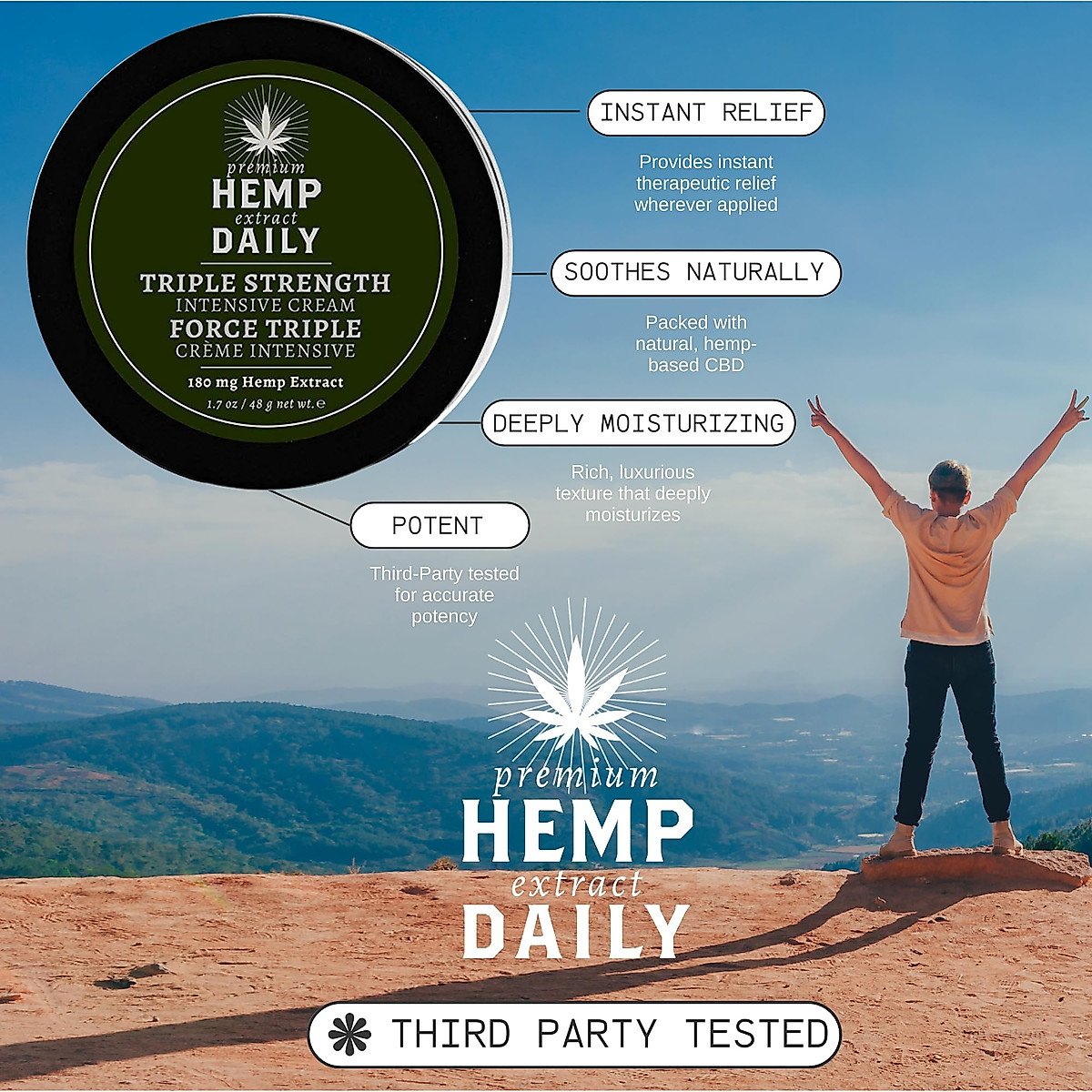 Hemp Daily Triple Strength Intensive Cream | Topical Salve with Essential Oils | Vegan, Organic Ingredients | Classic Mint, 1.70 Ounce | Single