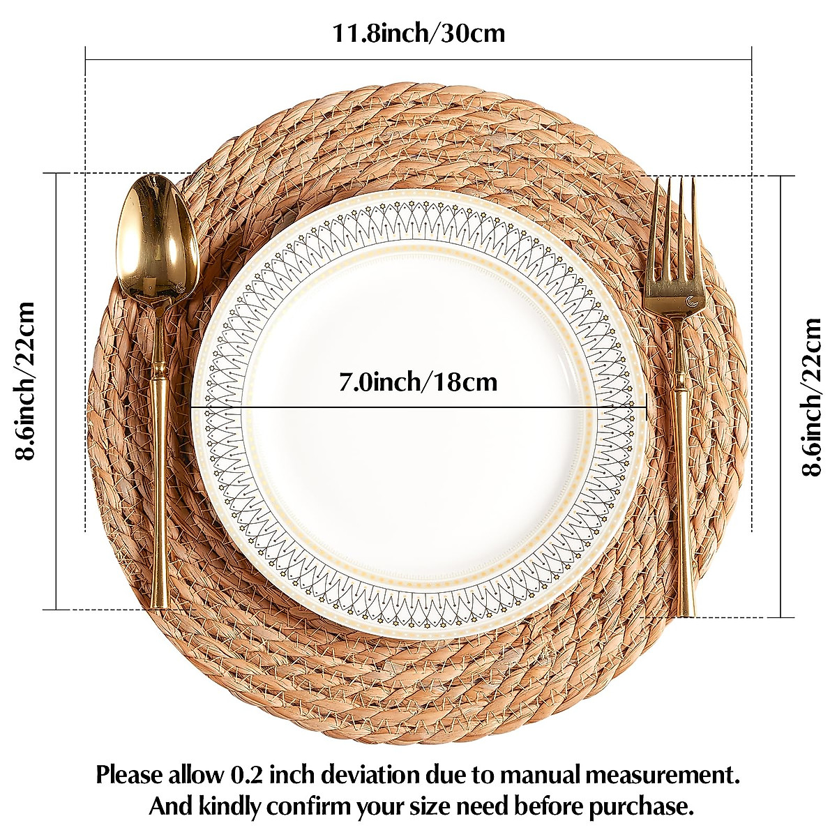 Round Woven Placemats Set of 10, 12" Boho Rattan Placemats Natural Hand-Woven Water Hyacinth Placemats, Farmhouse Weave Place Mats, Rustic Braided Wicker Table Mats for Dining Table,Home,Wedding