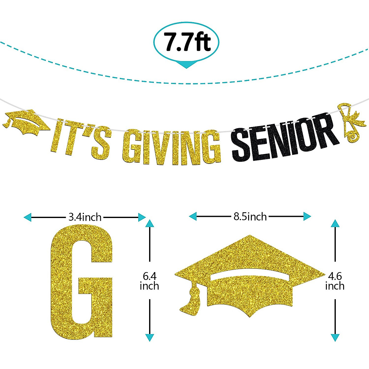 It's Giving Senior Banner, Congrats Grad/So Proud of You Sign- High School College Graduation Party Decoration Supplies, Black and Gold Glitter