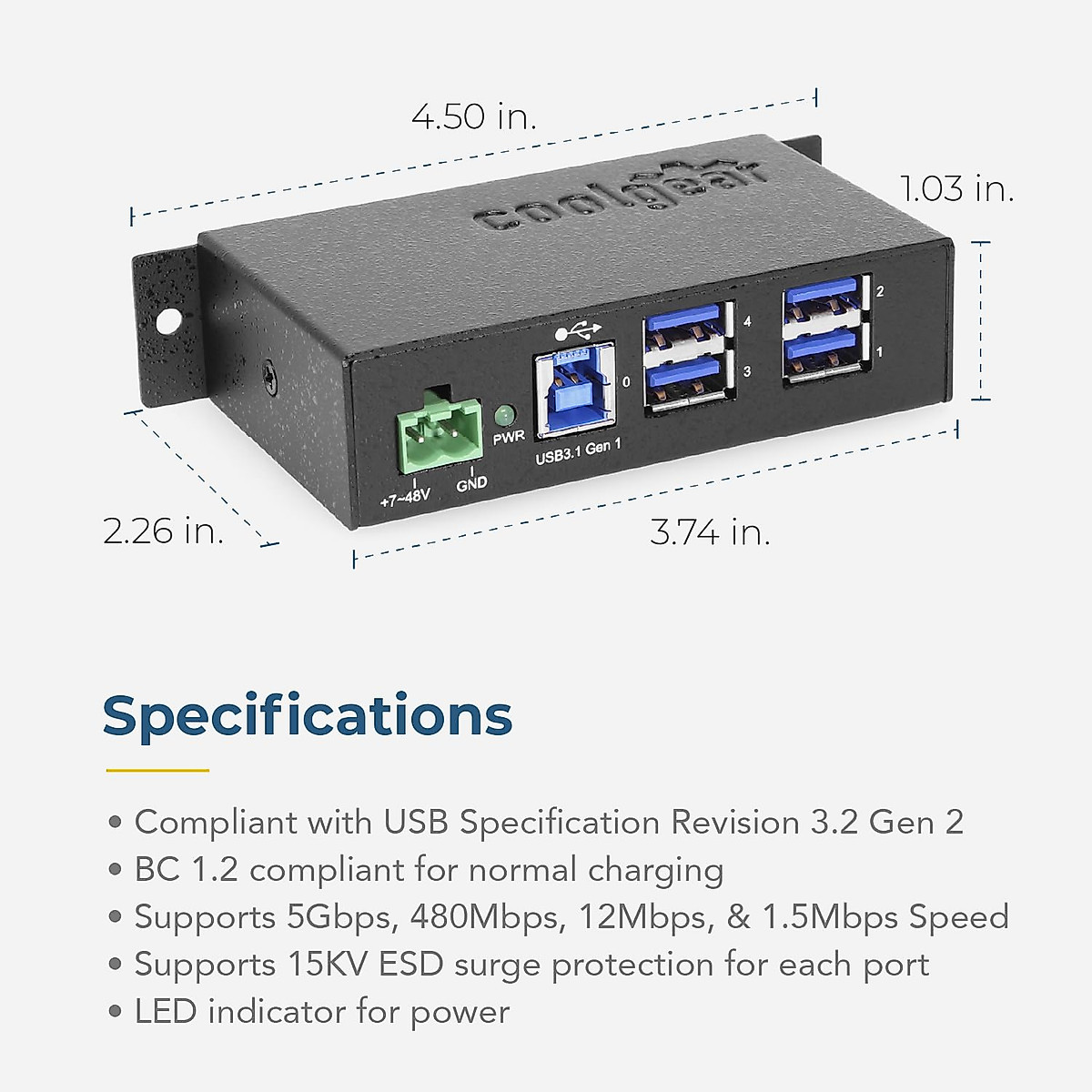 4 Port USB 3.2 Gen 1 Powered Hub w/ESD Surge Protection