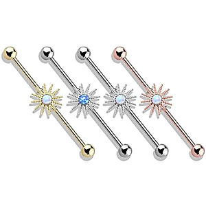 Covet Jewelry Opal Center Sunburst 316L Surgical Steel Industrial Barbell (Rose Gold/Opal White)