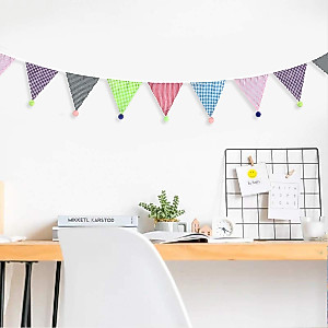 4M/13Ft Multi-Colored Fabric Triangle Bunting Flags Vintage Floral Pom Pom Cotton Banner Kit Pennant Garland for Home,Birthday Parties, Baby Shower,Festivals,Nursery,Outdoor Hanging Circus Decoration