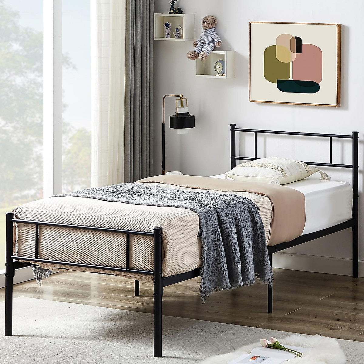VECELO Twin Platform Bed Frame with Headboard and Footboard, 12'' Under-Bed Storage & Strong Metal Slats Support, No Box Spring Needed