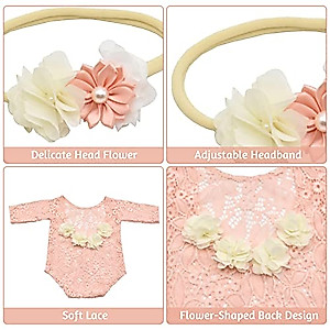 Yuehuam Newborn Girl Photography Outfits Cute Lace Rompers Photography Props with Flower Headband Baby Photo Props Bodysuit Outfit
