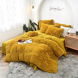 MorroMorn 5 PCS Shaggy Duvet Cover Bedding Set - Fluffy Comforter Cover Long Faux Fur Luxury Ultra Soft Cozy (Mustard Yellow, King/California King)