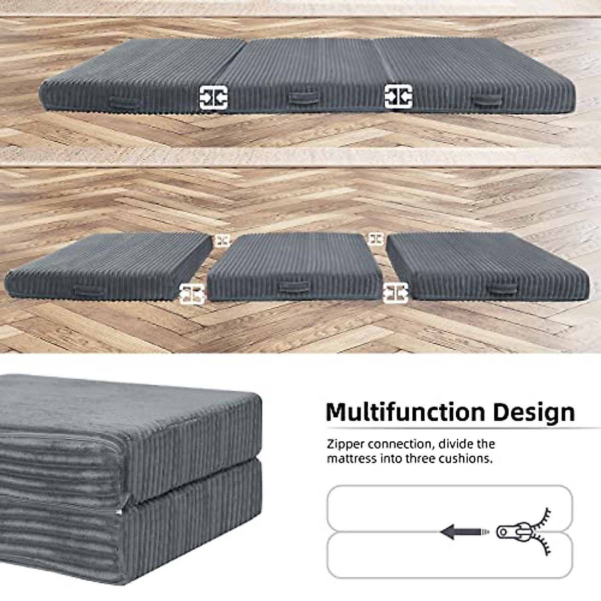 MeMoreCool Folding Mattress 4-Inch Memory Foam Foldable Mattress, Tri-Folding Mattress Futon/Camp/Travel Mattress Topper, Portable Mattress Floor Bed Couch for Guest, Cushion & Floor Mattress 2 in 1