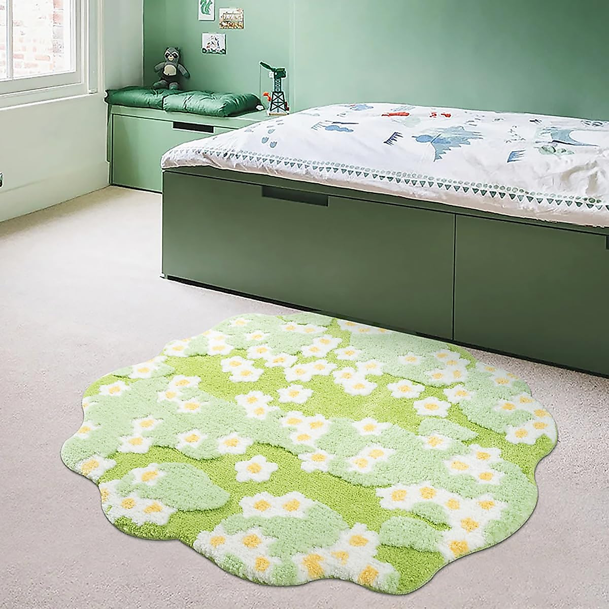 Moss Rug 3D Stereo Irregular Rug Nature Flowers Daisy Moss Rug for Living Room Bedroom Home Aesthetic Decor Floor Mat Indoor Floor Plush Shaggy Area Rug Anti-Slip Cute Rugs (39.4*39.4in) (green)