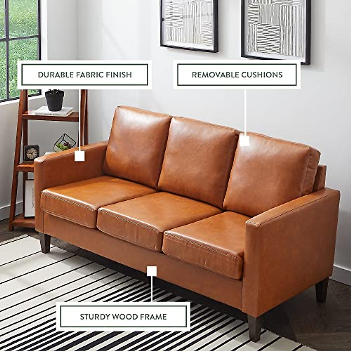 Edenbrook Archer Upholstered Couch – Couches for Living Room - Camel Faux Leather Couch - Living Room Furniture - Small Couch - Seats Three - Straight Arm Modern Couch, Sofa