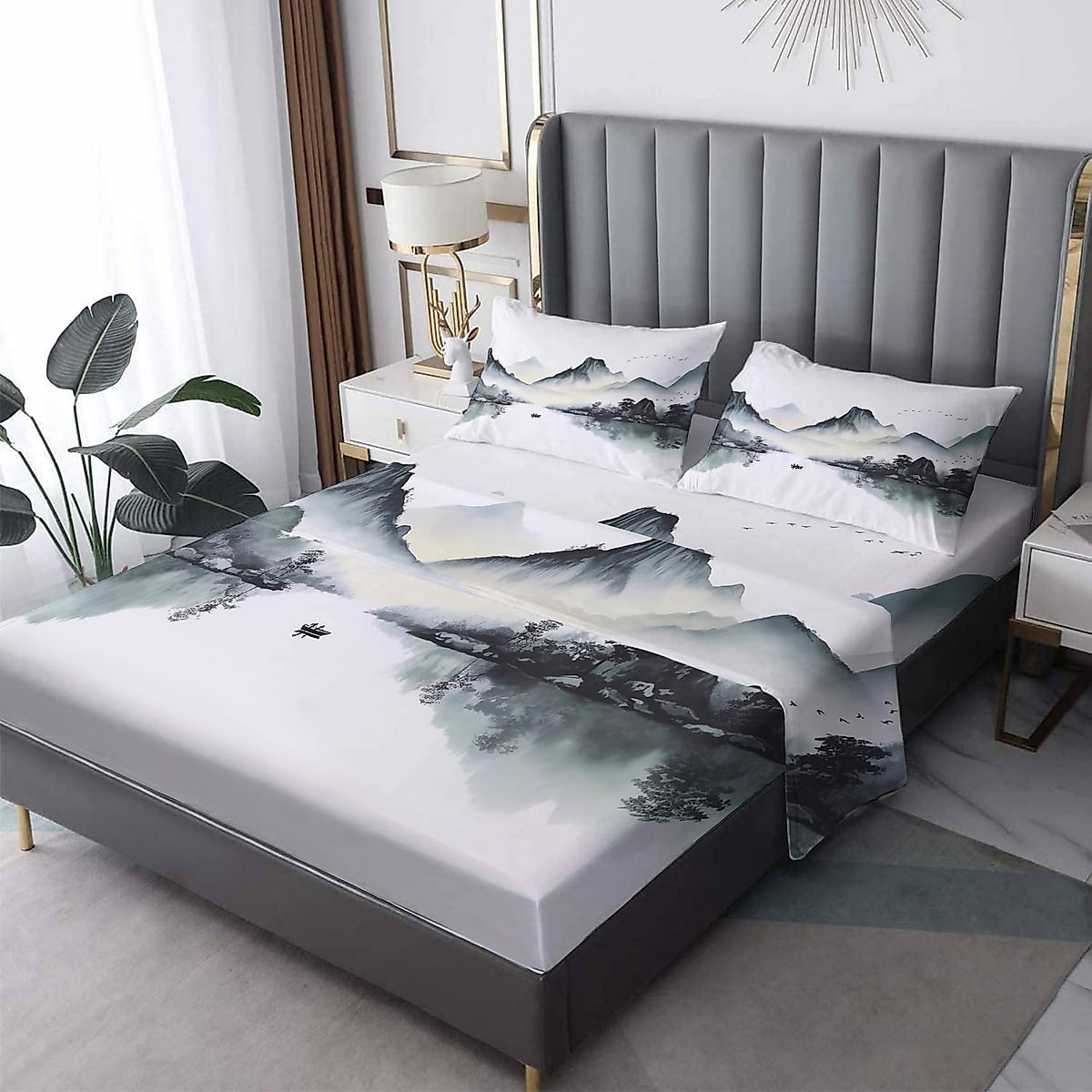 Nature Sheets Full Size, Ink Painting Bed Sheets, Patterned Bedding Sheets & Pillowcases 4 Piece Set - Soft Microfiber Deep Pocket Fitted Sheet & Flat Sheet & 2 Pillow Cases Z1-&-191