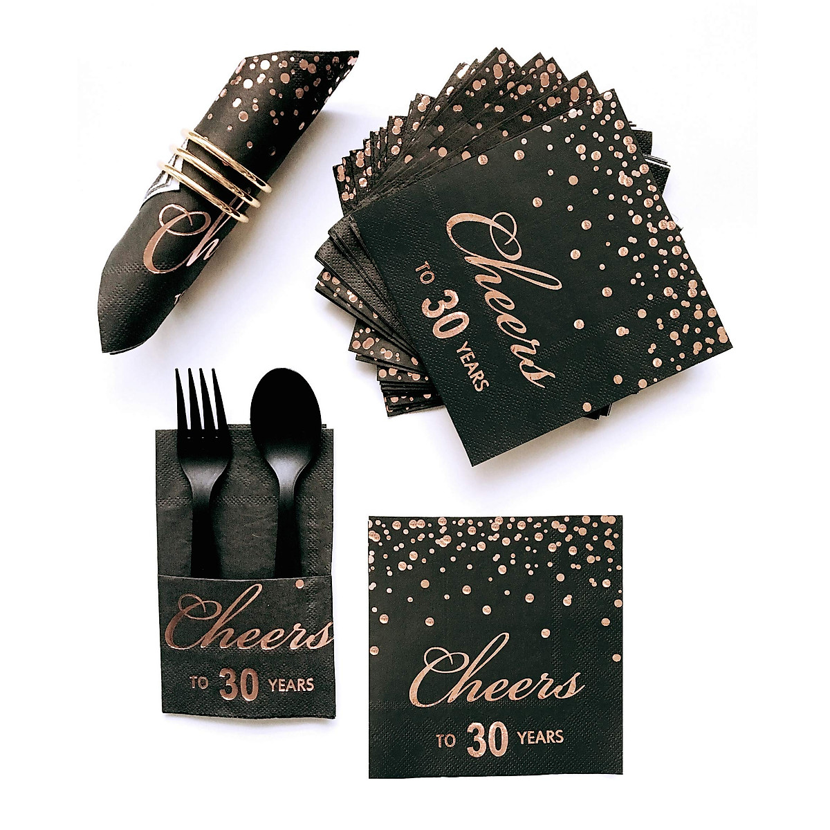 Rose Gold Foil Cocktail Napkins with Cheer 30 Years | Folded 5 x 5 Inches Disposable Party Napkins | 3-Ply Paper Beverage Napkins for 30th Birthday Decorations, Wedding Anniversary, Retirement, Black