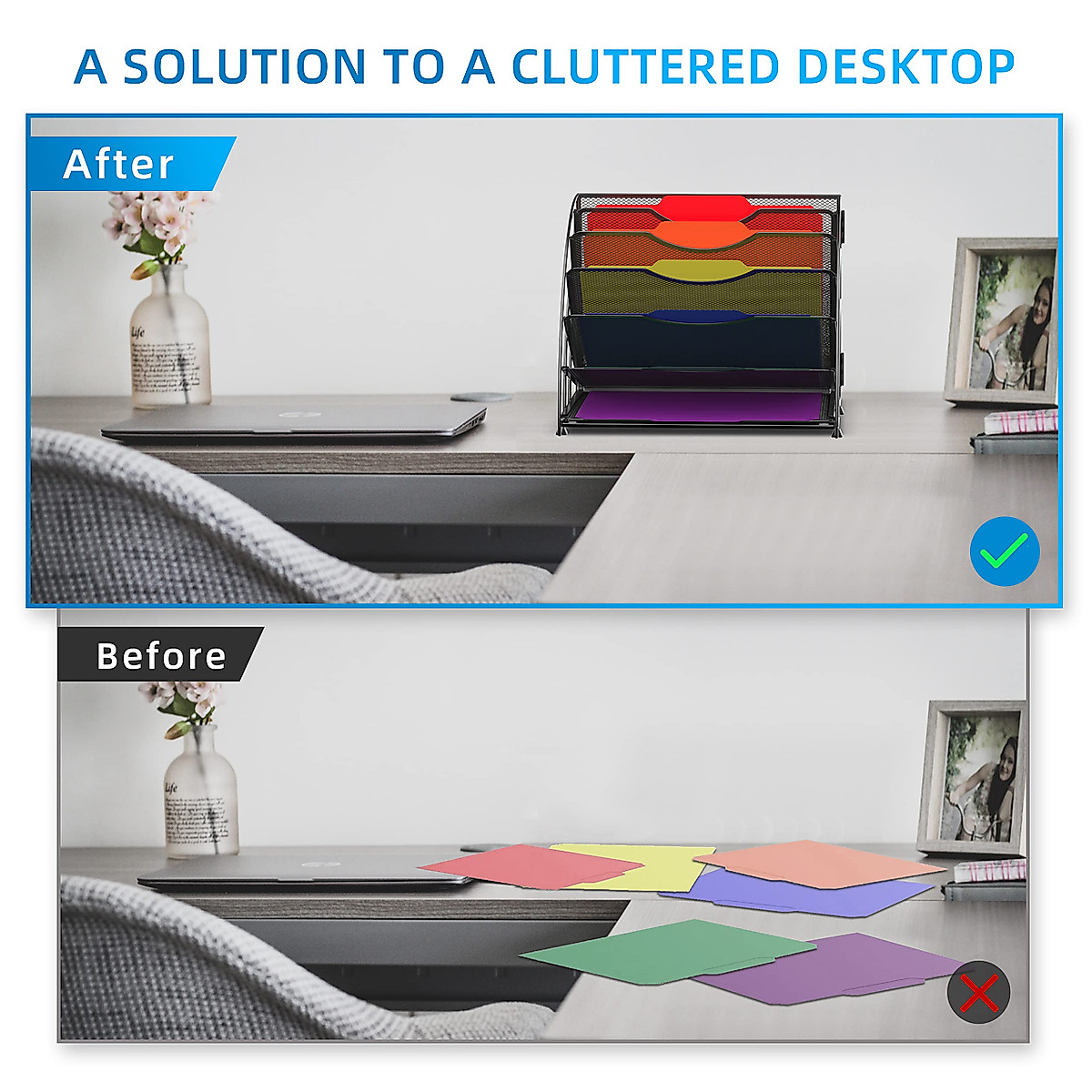 SUPEASY Fan Shaped Desk File Organizer, 6 Compartments for Filing Paper Bills, Letters, Desk Accessories for Workspace, School, Office, Waiting Room, Classroom Storage, Black