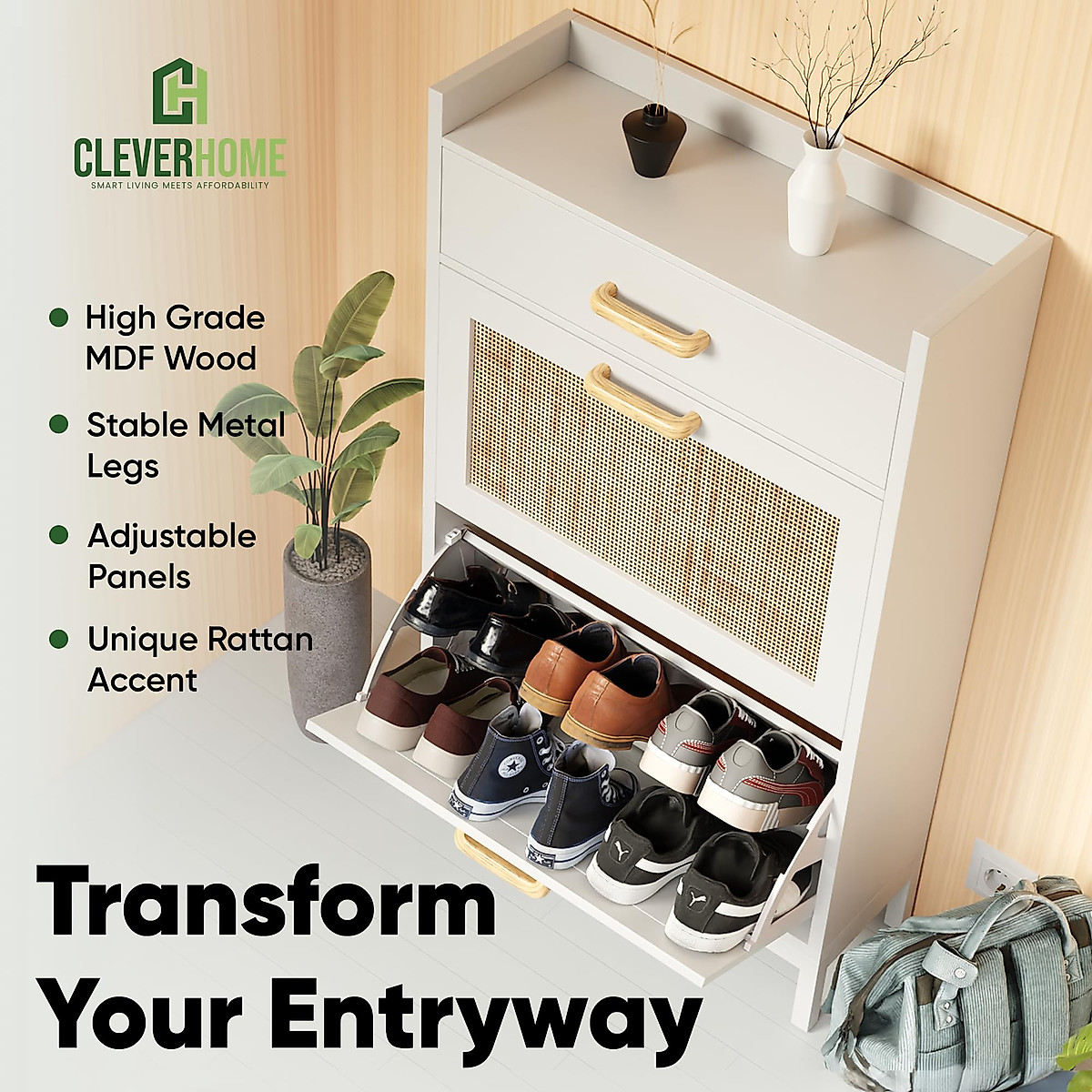 CleverHome Wood Hidden Shoe Rack - Narrow Shoe Cabinet with Drawer, 2 Tilting Shoe Organizer & Shelf - Rattan Shoe Storage Cabinet for Entryway, Nonslip Shoe Dresser- Bundle Below w/Improved Screws