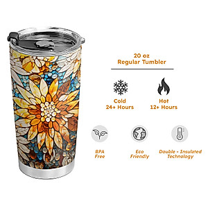 ORCAE 20oz Beautiful Colorful Daisy Flower, Stained Glass Style Flowers, Yellow Flower Tumbler Cup, Insulated Travel Mug with Lid, Coffee Thermos for Men, Women, Gifts for Women - C