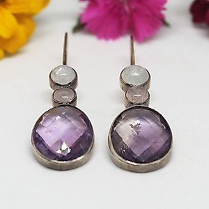 925 Sterling Silver Amethyst, Rose Quartz and Rainbow Moonstone Earring Jewelry Dangle Genuine Earring Ravaria Jewelry