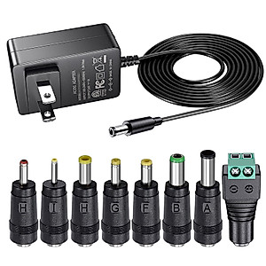 SoulBay 24V 1A Power Supply Adapter w/ 8 Tips for CCTV WiFi Camera Router LED Strip Light, AC 100-240V to DC 24 Volt Plug in Transformer Cord with ETL Certificate, 5 FT