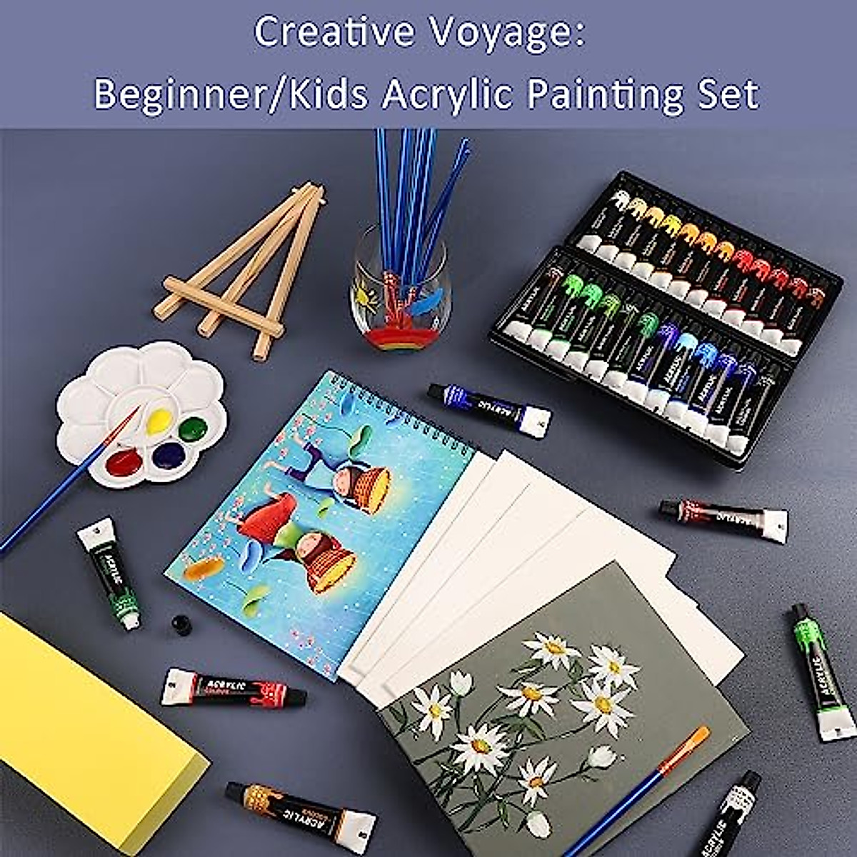 Colorful Acrylic Painting Kit - Paint Supplies Set with 24 Colors, 30 Brushes, 5 Canvases, 1 Pad, 2 Palette, 2 Sponge & 1 Wood Easel - Art Acrylic Paint Set for Beginners, Kids, Adults