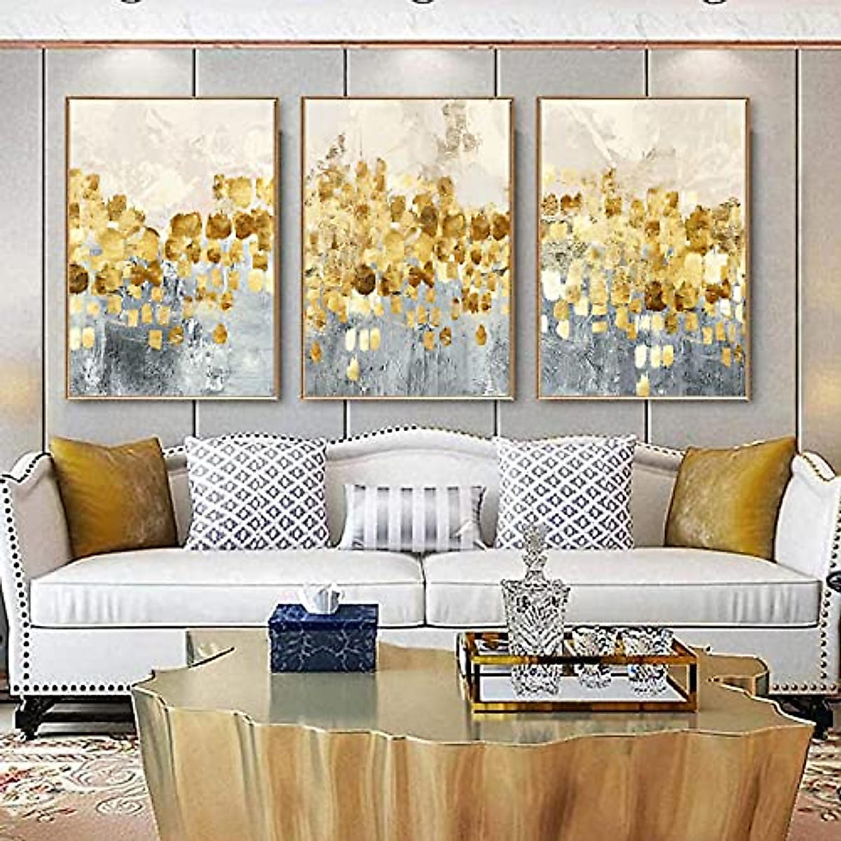 Vlejoy Abstract Gold and Gray Wall Art Foil Canvas Artwork for Living Room Poster Luxury Painting Bedroom 20x28inchx3 Frameless