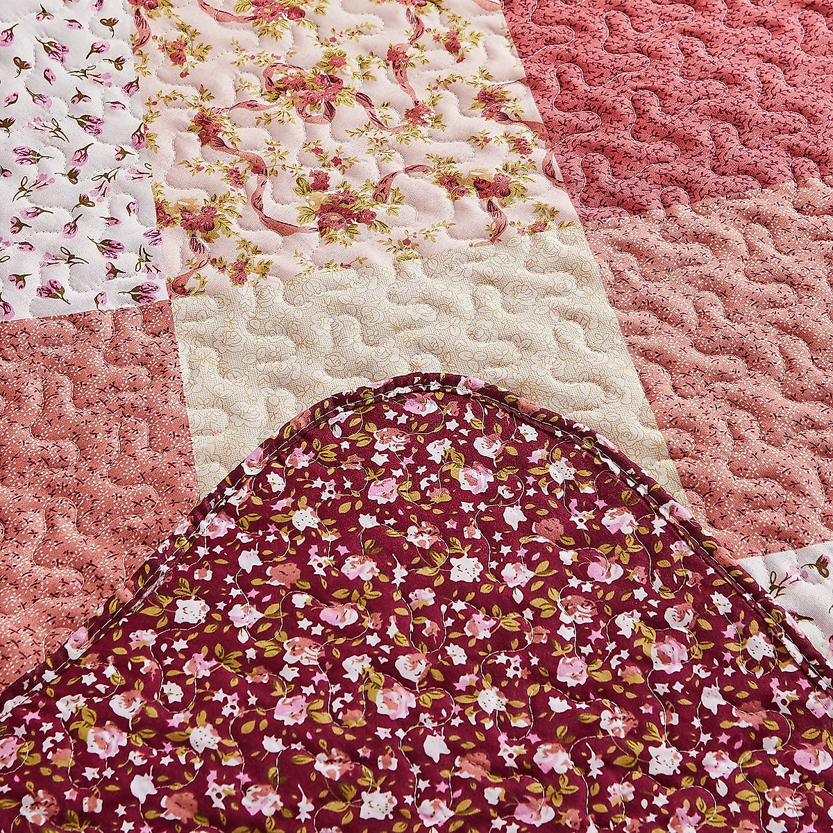 Qucover Twin Quilt Set, 3 Piece Multicolour Floral Patchwork Print Bedspread Twin Size, Soft Microfiber Lightweight Twin Quilt Bedding Set with 2 Pillow Sham, Twin XL Quilts, 68"x86"