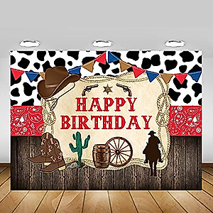 Mocsicka Western Cowboy Happy Birthday Backdrop Rustic Old West Rodeo Cowboy Background Red Bandana and Rustic Wood Kids Birthday Party Decoration Banner (7x5ft (82x60 inch))